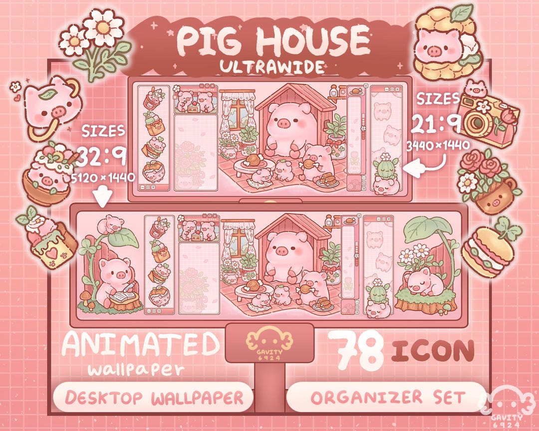 Buy Pig Pink House Ultrawide Desktop Wallpaper Organizer Set: Animated ...