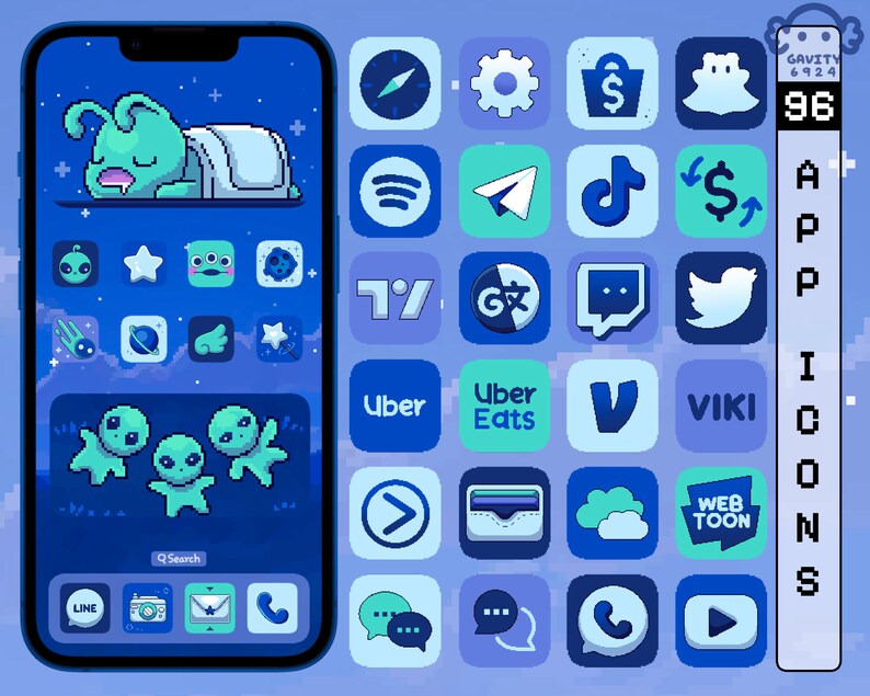 Alien Lo-fi Pixel App Icon Set: Kawaii Phone Theme and Widgets (ios ...