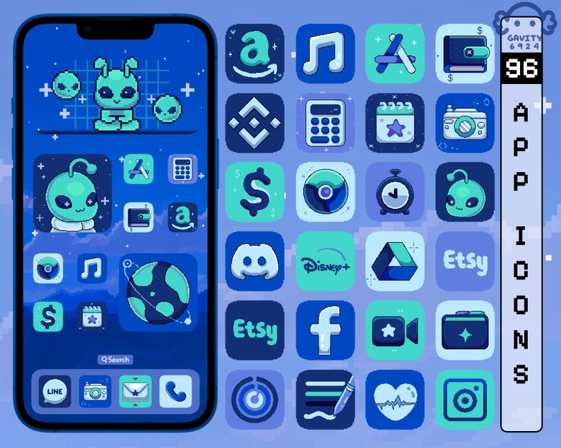 Alien Lo-fi Pixel App Icon Set: Kawaii Phone Theme and Widgets (ios ...