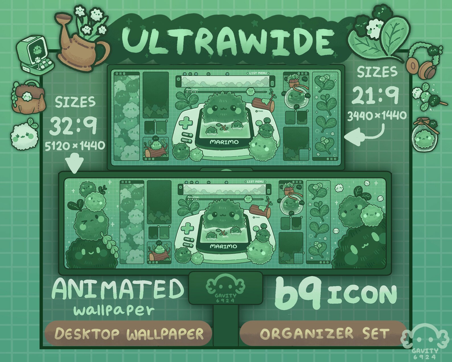 Marimo Minigame Ultrawide Desktop Wallpaper Organizer Set: Animated ...
