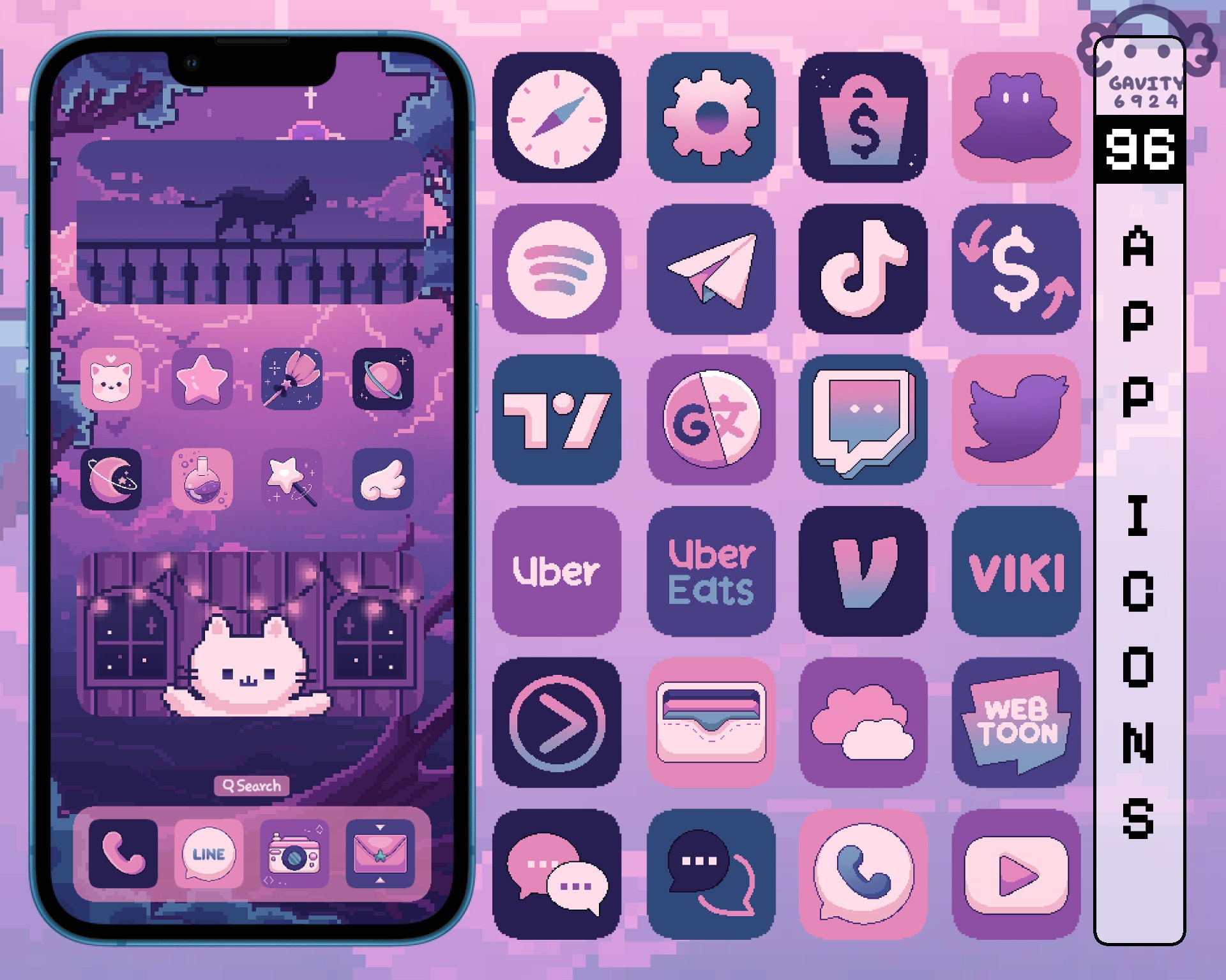 Cat Magic Lo-fi Pixel App Icon Set: Kawaii Phone Theme and Widgets (ios ...