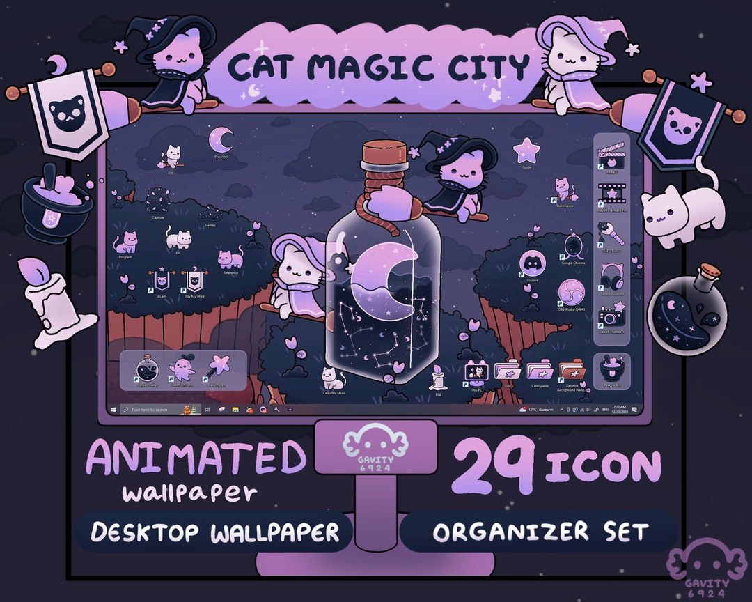 Windows/mac Cat Magic City Computer Desktop Theme Background Wallpaper ...