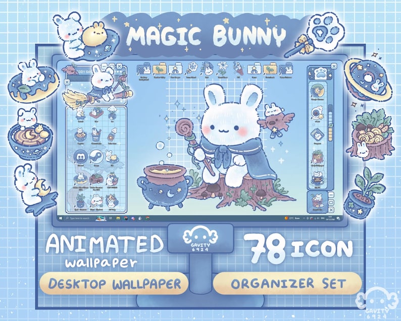 Windows/mac Magic Bunny Witch Desktop Wallpaper Organizer Set: Animated ...