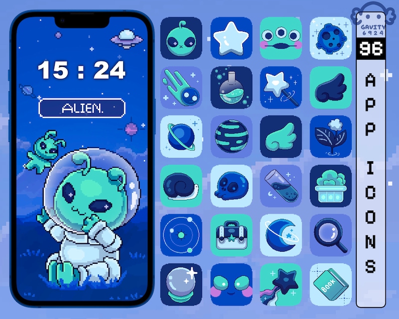 Alien Lo-fi Pixel App Icon Set: Kawaii Phone Theme and Widgets (ios ...