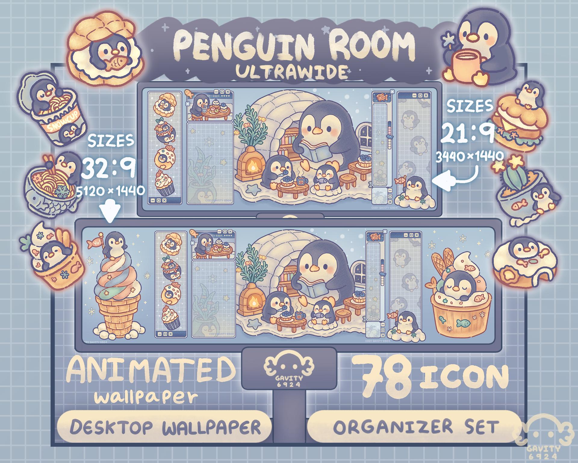 Penguin Room Ultrawide Desktop Wallpaper Organizer Set: Animated Folder ...