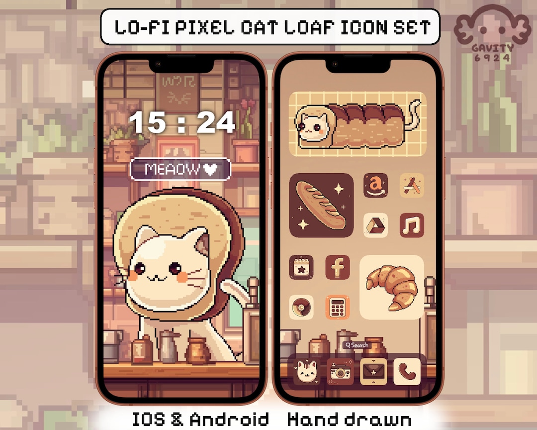 Lo-fi Pixel Cat Loaf App Icon Set | Ios App Icons, Cute Kawaii ...