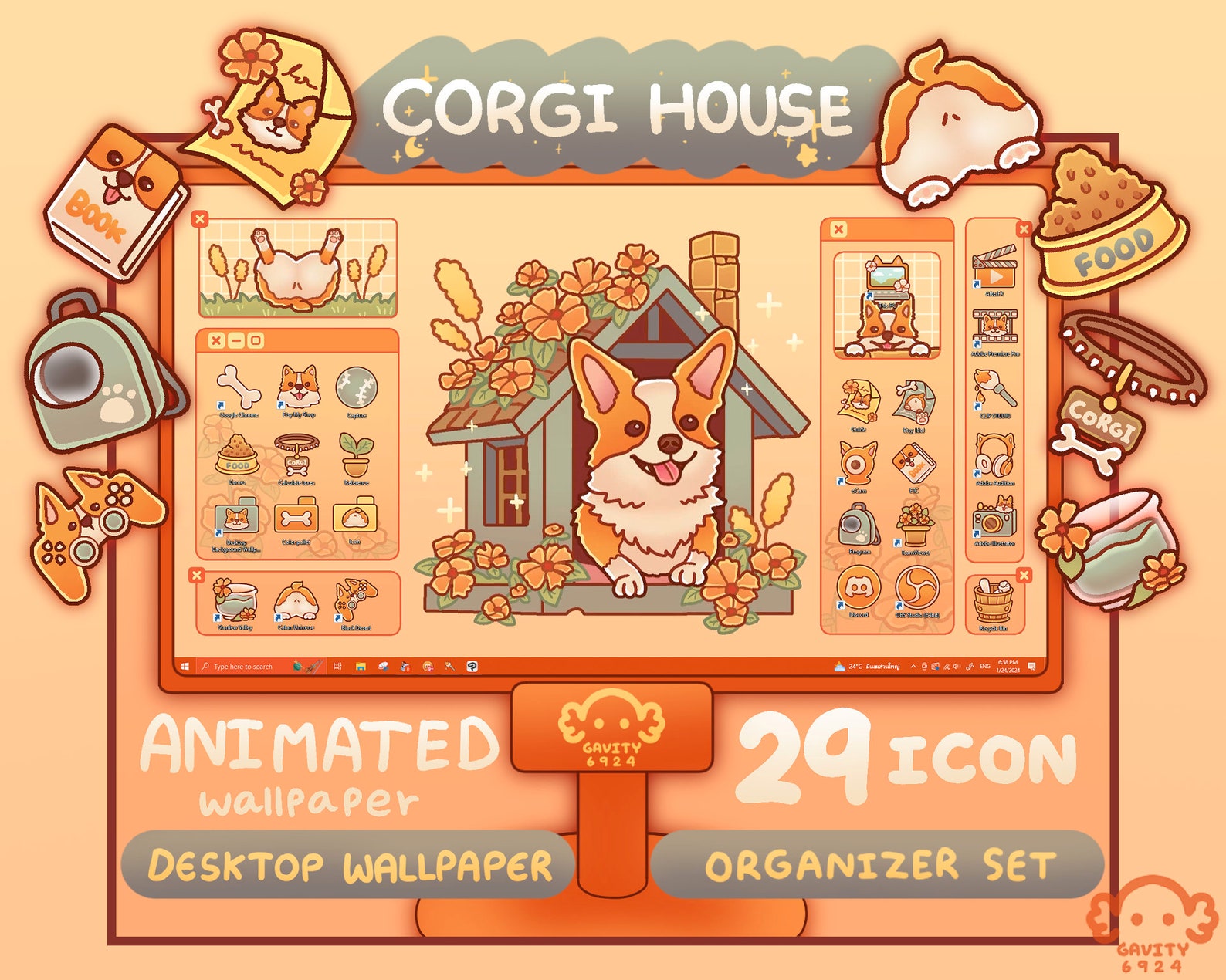Windows/mac Corgi House Desktop Wallpaper Organizer Set – Cozy Home ...