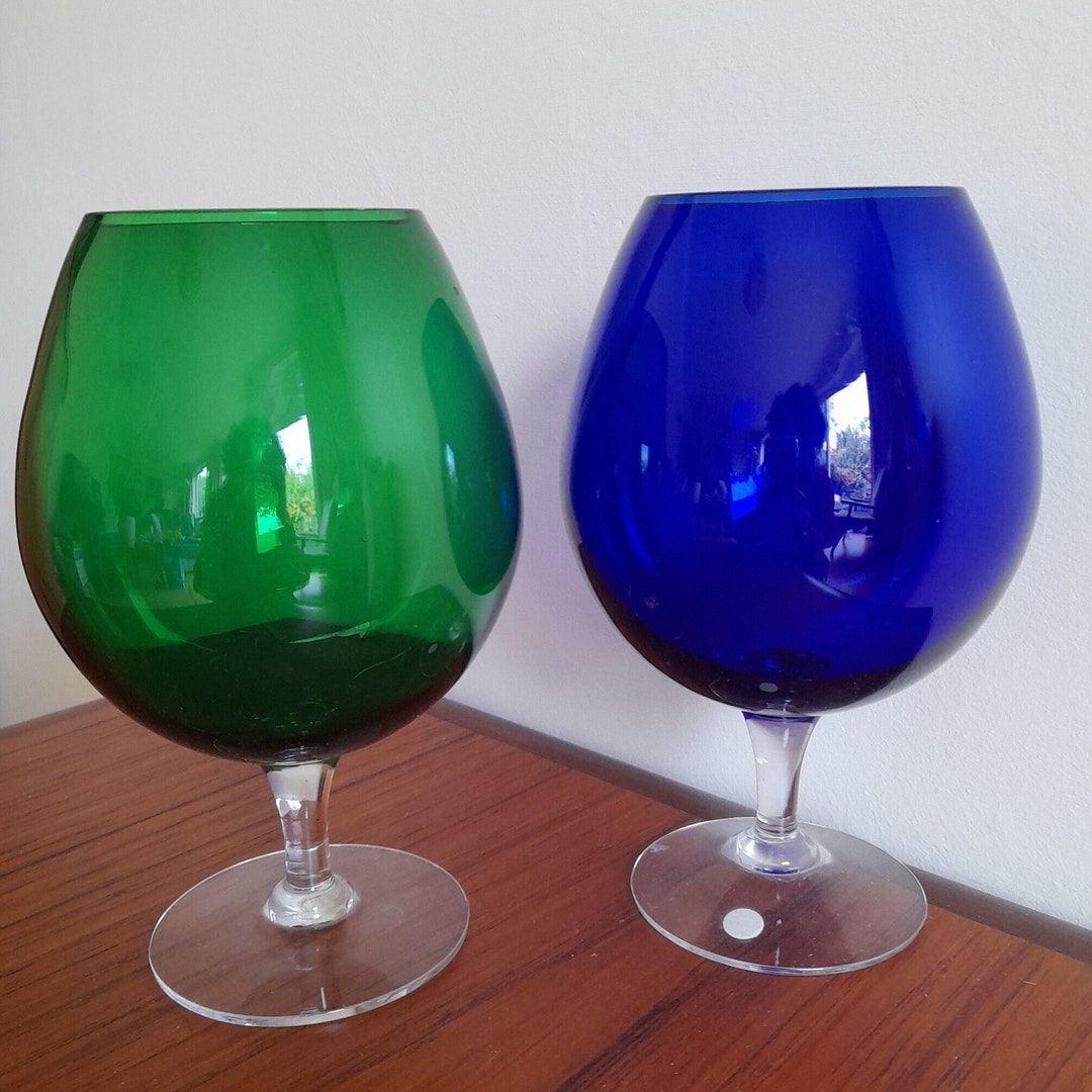 Pair Green and Blue Large Brandy Balloon Snifter Glasses Made in Sweden ...