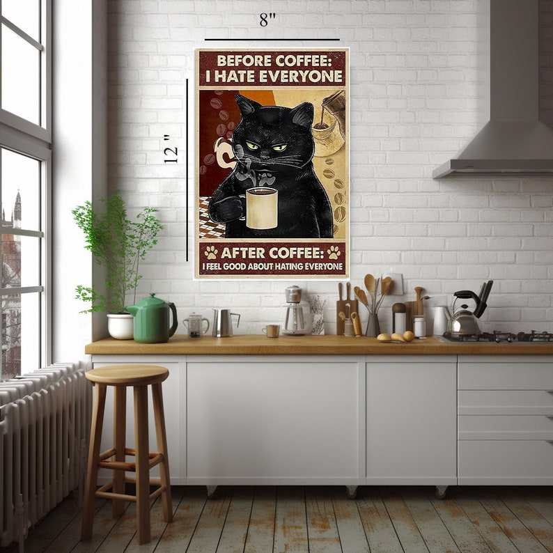 Black Cat Before Coffee I Hate Everyone Funny Tin Signs / Bathroom Wall ...