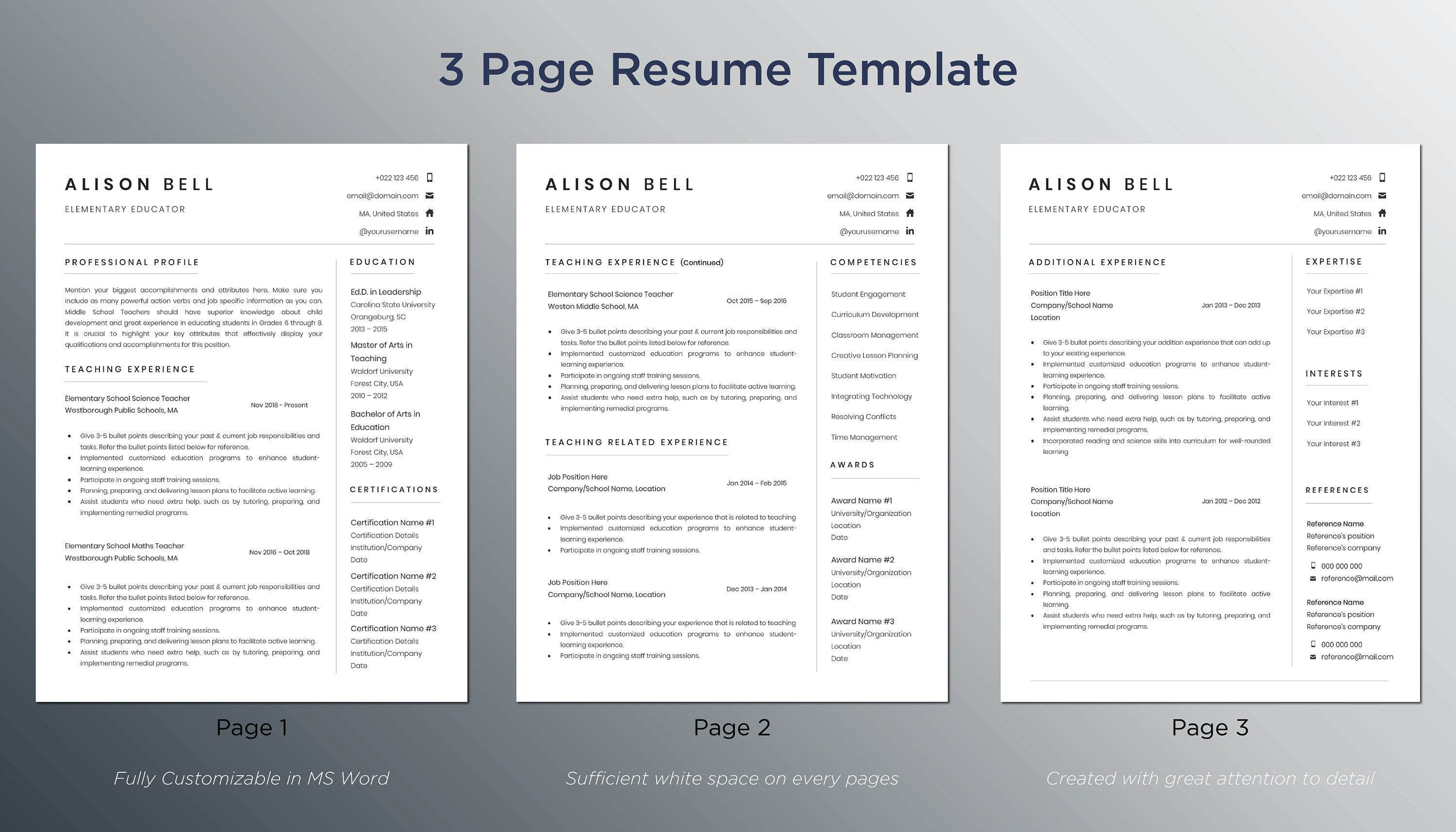 Educator Resume Template for Word, Free Cover Letter & Reference ...