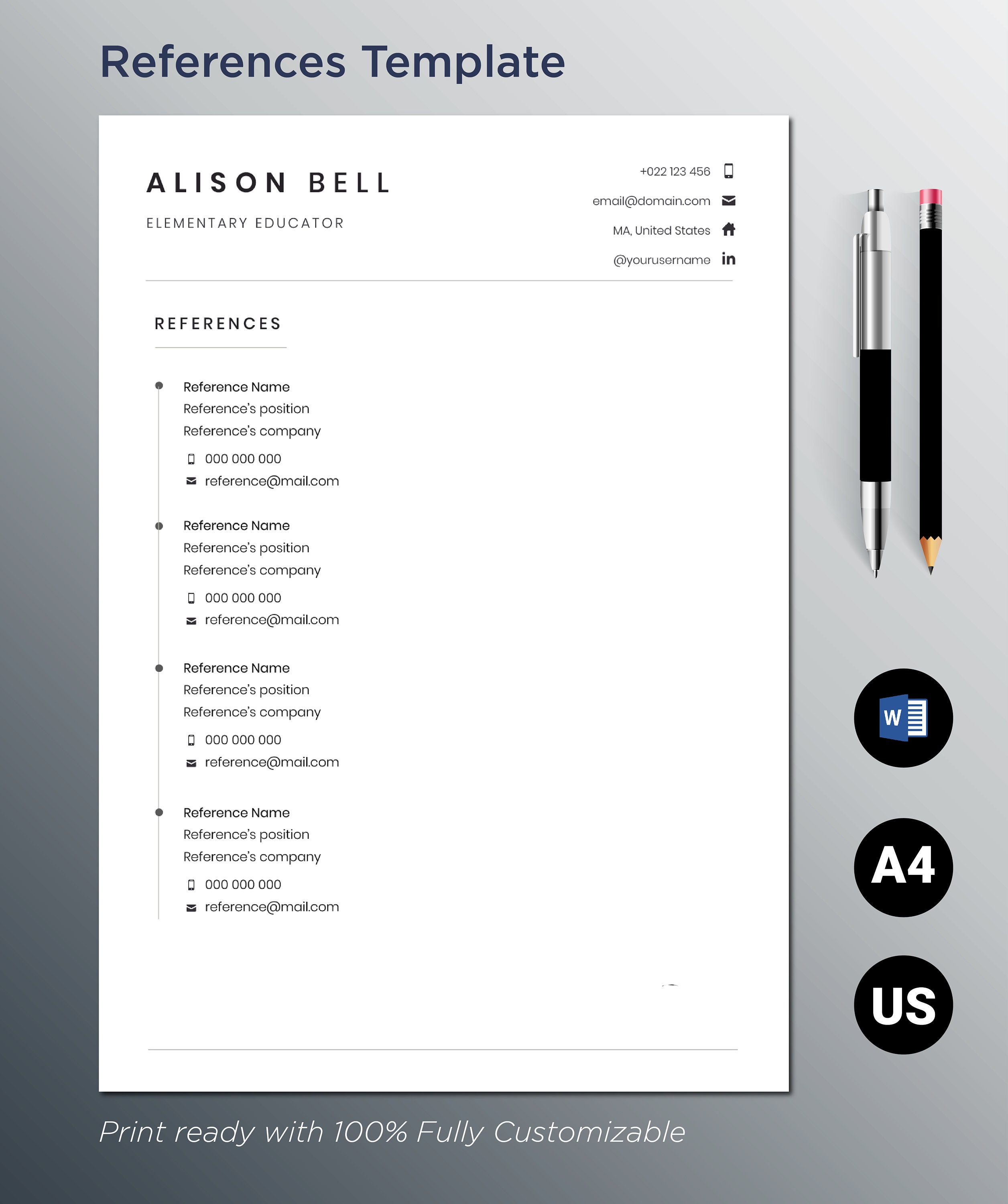 Educator Resume Template for Word, Free Cover Letter & Reference ...