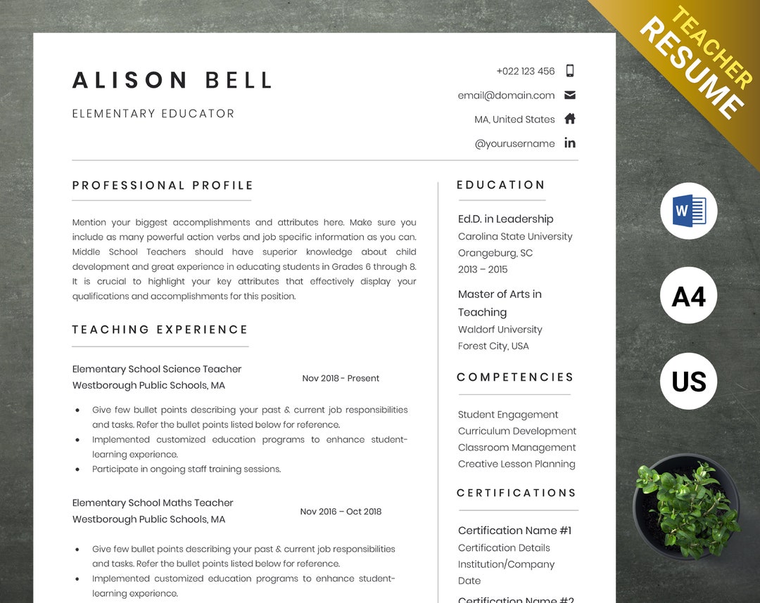 Educator Resume Template for Word, Free Cover Letter & Reference ...