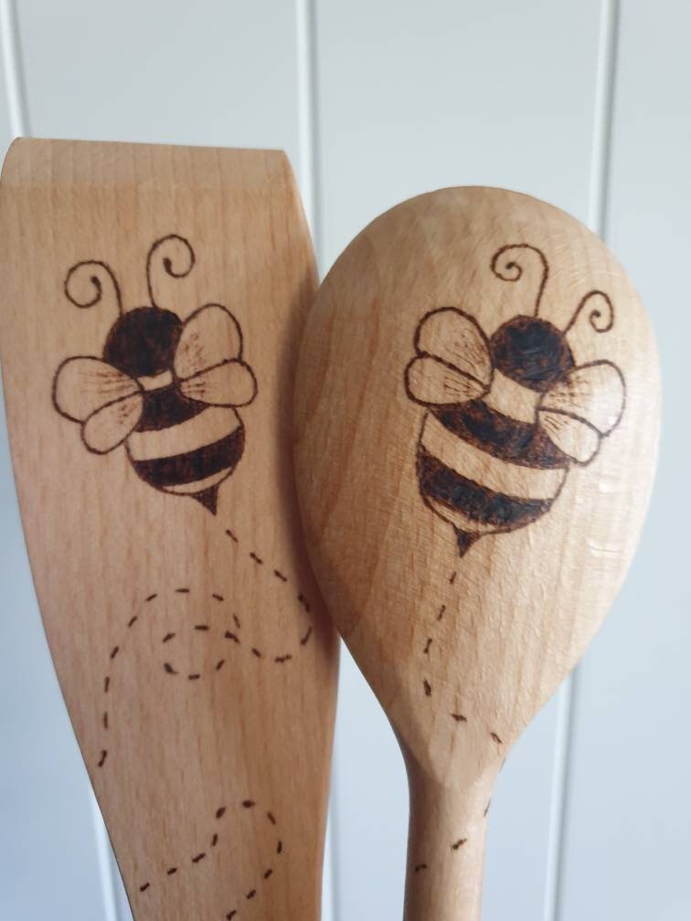Houten Pollepel Set Met Leuk Bijen Patroon Spatula and Spoon - Etsy