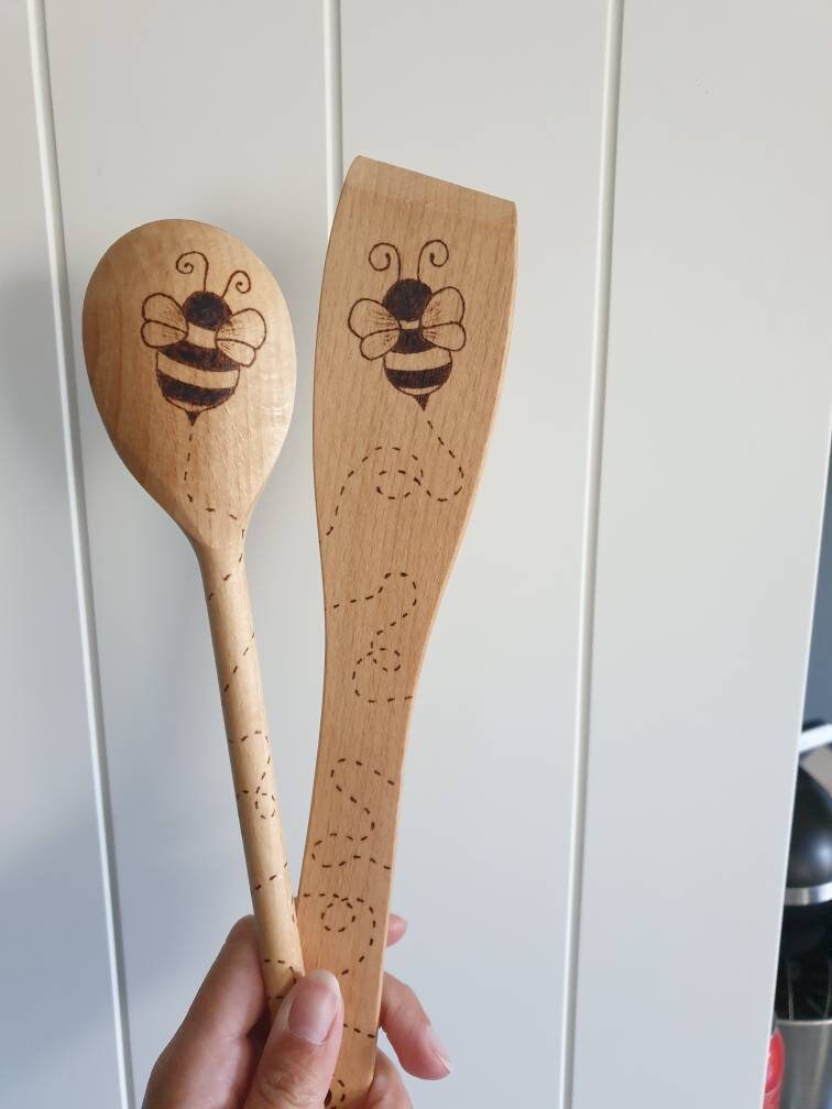 Houten Pollepel Set Met Leuk Bijen Patroon Spatula and Spoon - Etsy