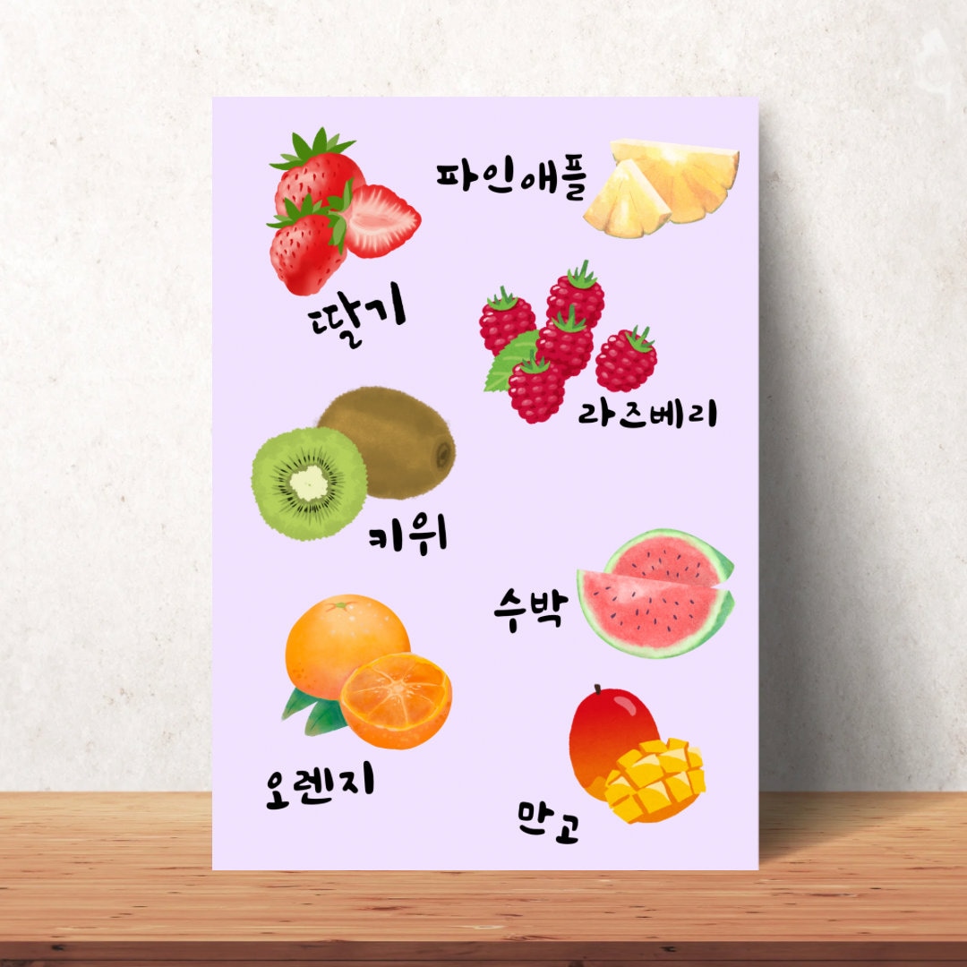 Korean Fruits in Hangul, Korean Language, Wall Art, Cute Kitchen Wall Art, Print at Home, Fruit ...