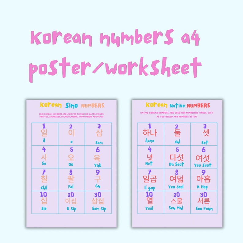 Korean Language Number Chart Print, Sino Numbers Printable, Korean ...