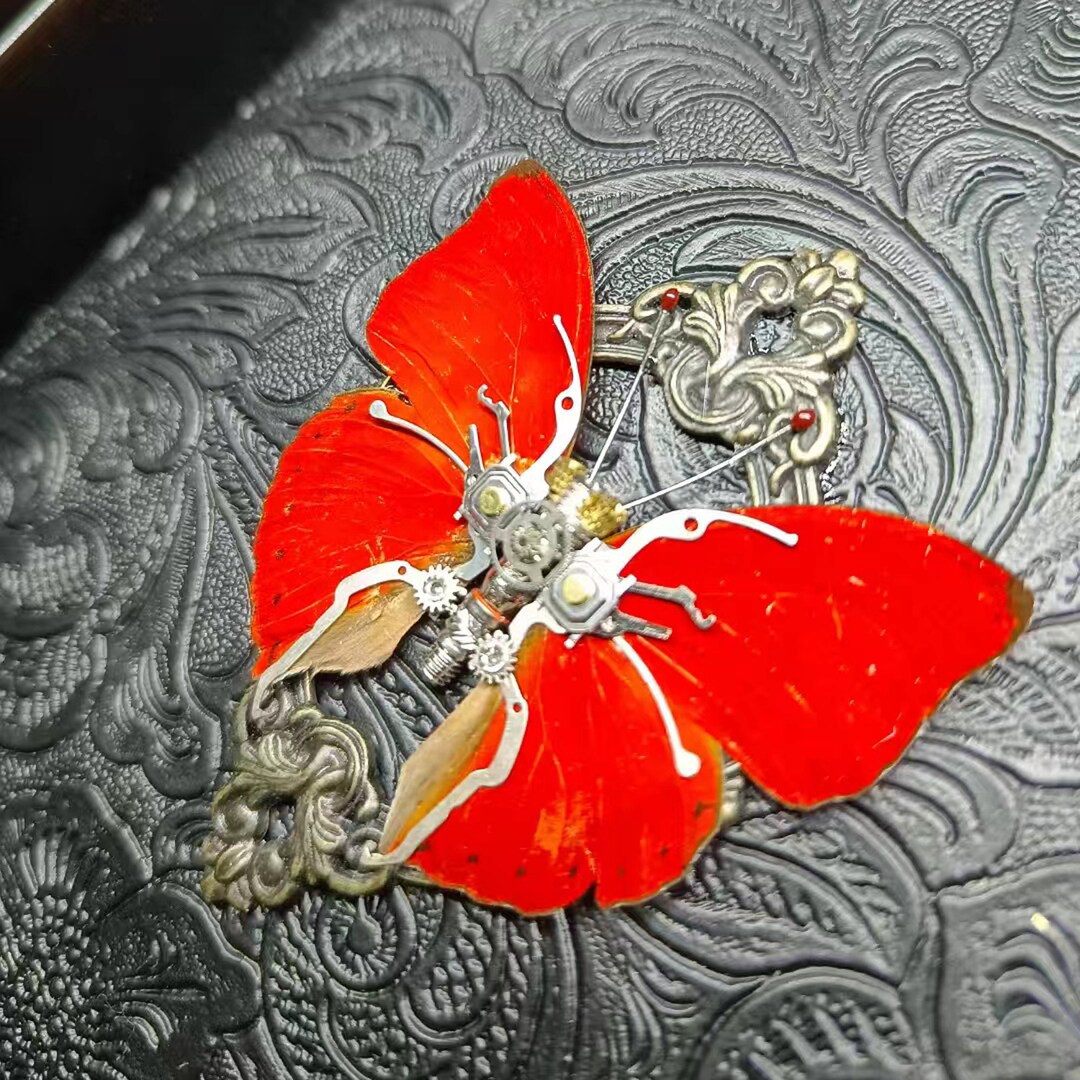 Blood-red Glider Steampunk Butterfly With A Mechanical Wing Framed ...