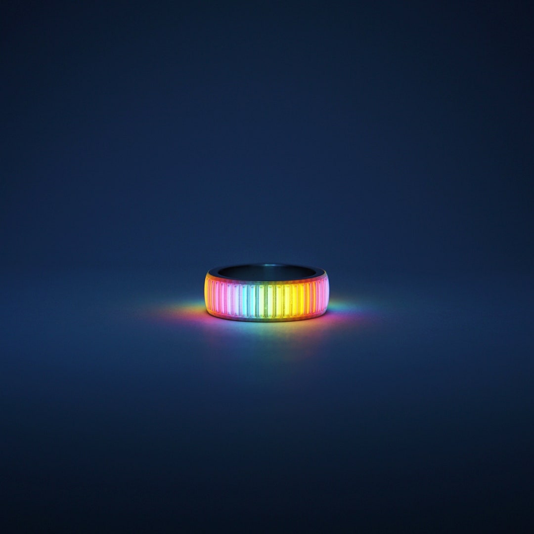 Men's Glow Ring in Rainbow Color, Black Silver Band With Full Circle ...