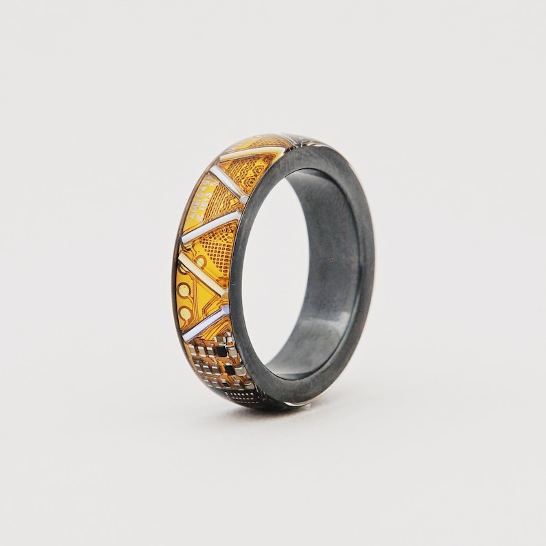 Glow Ring, Zigzag Glow Vials Layout, 6.5mm Black Vulcanized Silver Band ...