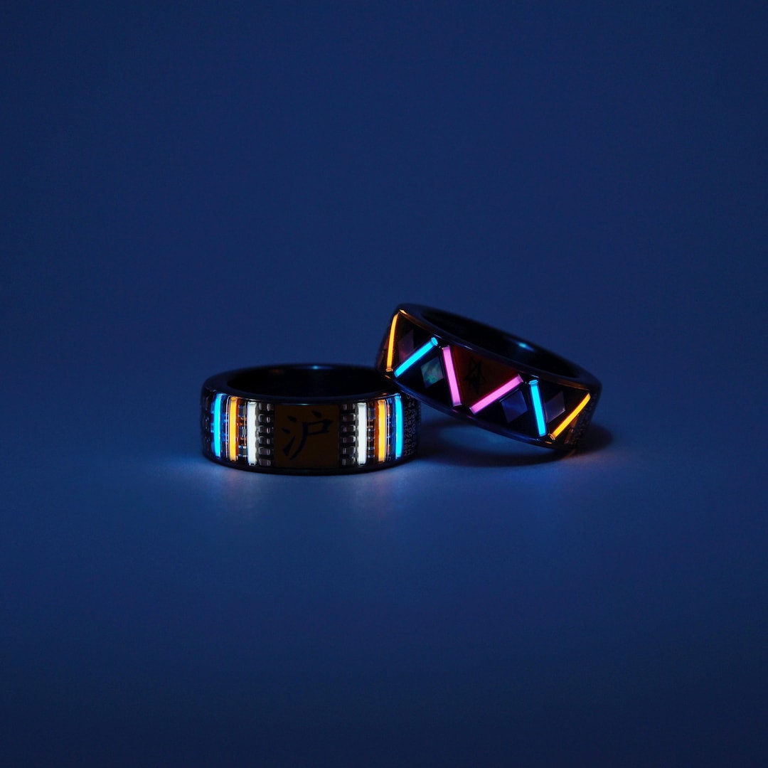 Men's Glow Ring Glow Vials, Silver Band With Black Vulcanized Surface ...