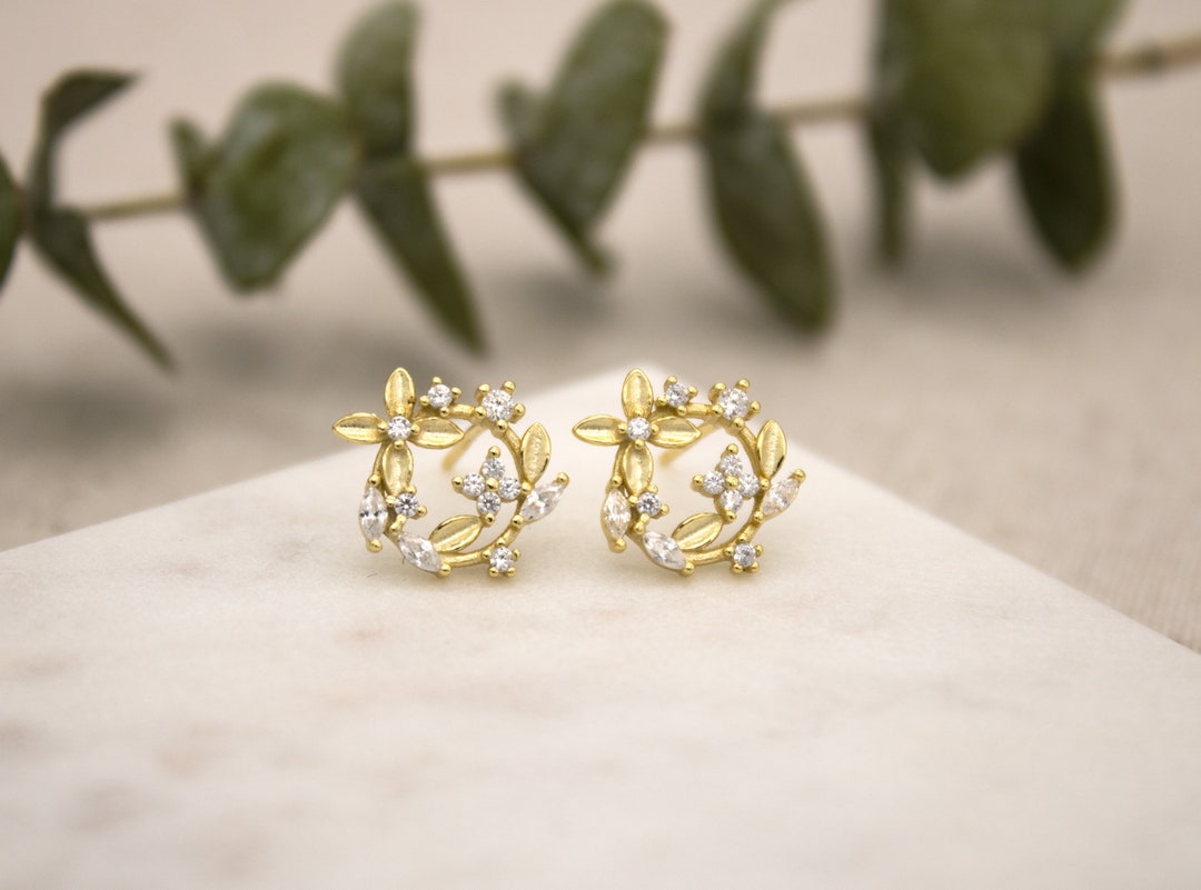 Dainty CZ Flower Wreath Stud Earrings, 14k Gold Sterling Silver - Etsy