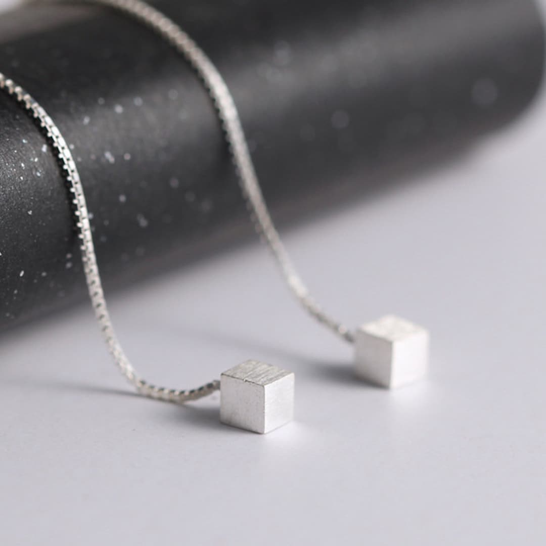 Geometric Cube 925 Sterling Silver Threader Earrings, Minimalist Dangle ...