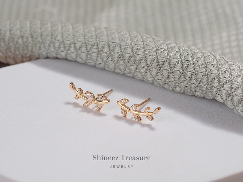 Sterling Silver Olive Branch Climber Earrings, Cubic Zirconia Studs - Etsy