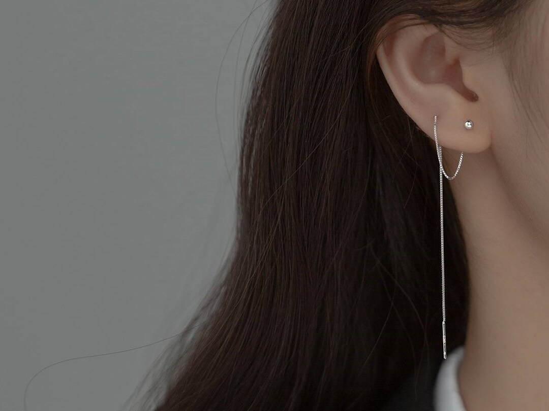 Ball Geometric Long Chain Threader Earrings, 925 Sterling Silver ...