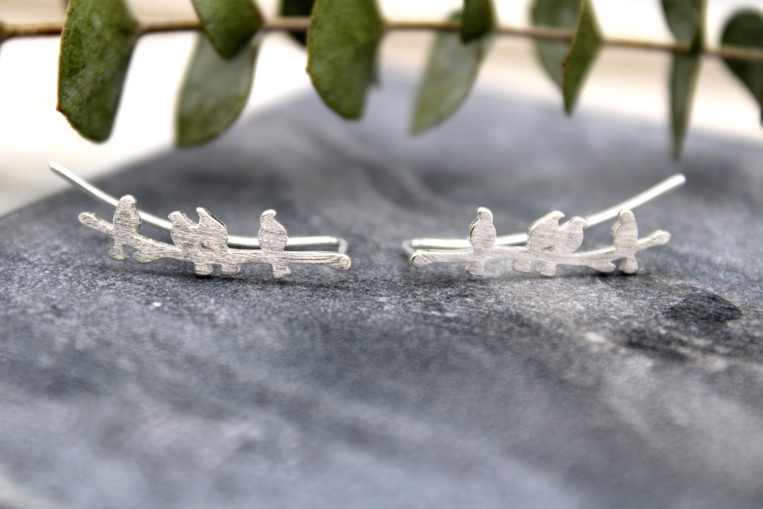 Minimalist Birds on Branch Crawler Earrings, Sterling Silver Climber ...