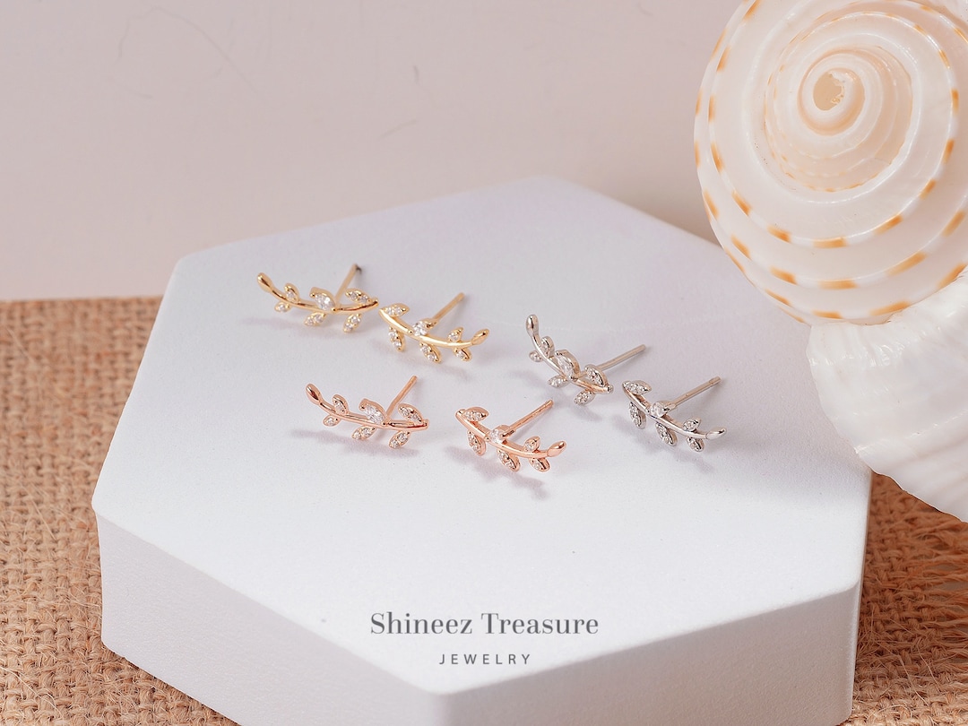 Sterling Silver Olive Branch Climber Earrings, Cubic Zirconia Studs - Etsy