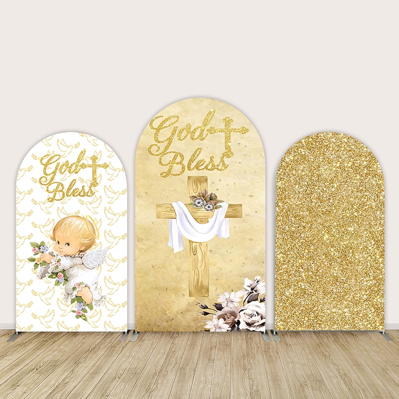 Gold Theme God Bless Arch Backdrop Chiara Wall My First Holy Communion ...