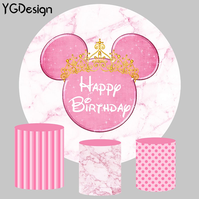 Cartoon Minnie Mouse Round Backdrop Pink Marble Girls Birthday | Etsy