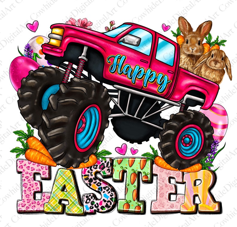 Easter Monster Truck PNG, Bunny Eggs Sublimation Design (digital ...