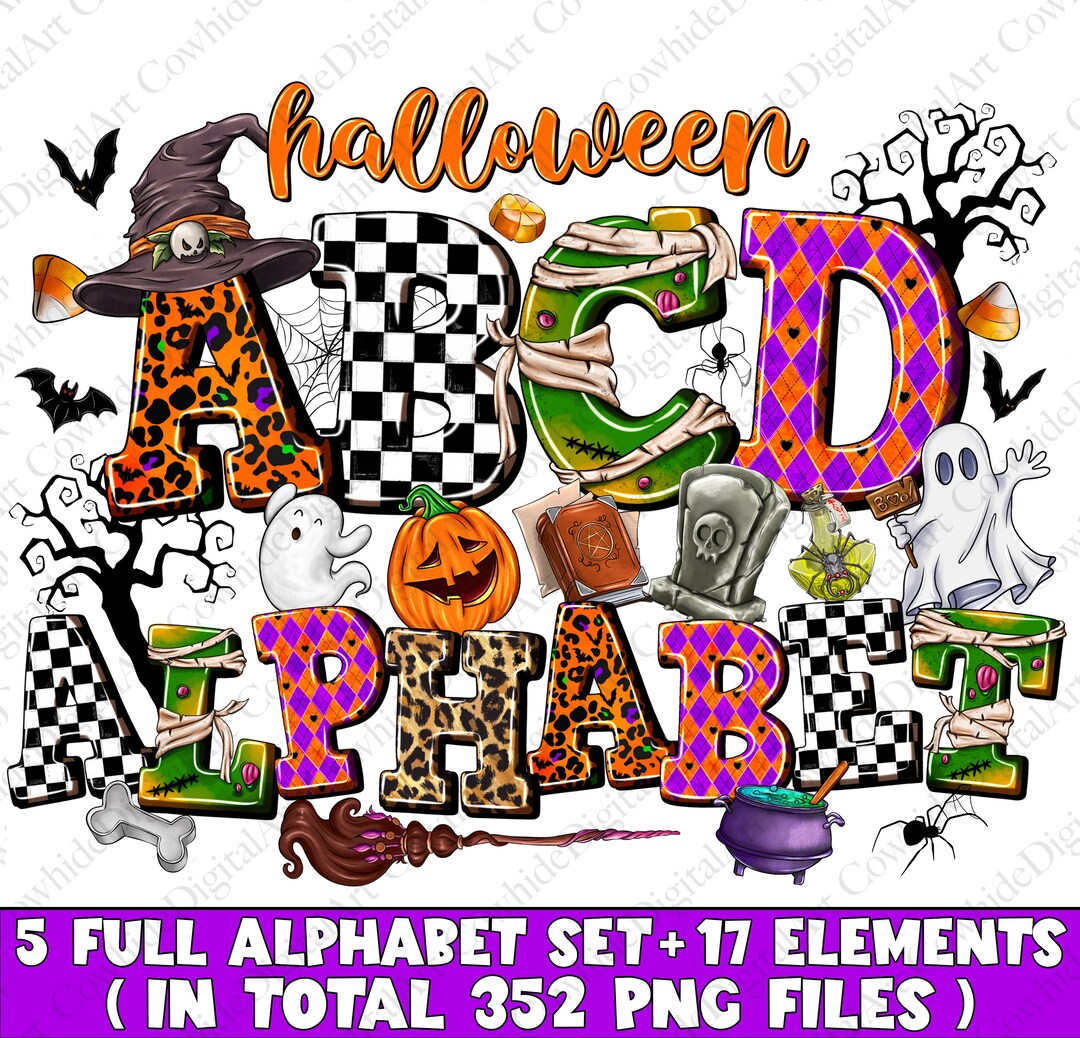Halloween Alphabet Png Files Bundle, Happy Halloween Doodle Letters Png ...