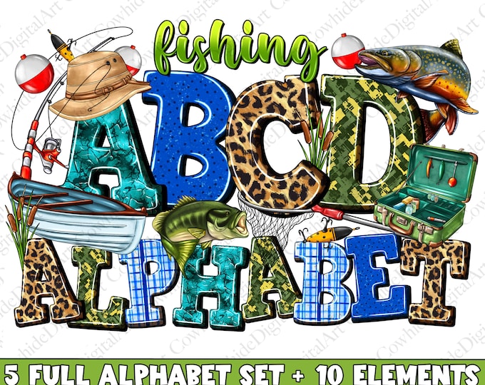 Fishing Alphabet PNG Font Bundle, Fishing Party Letters Alpha Font ...