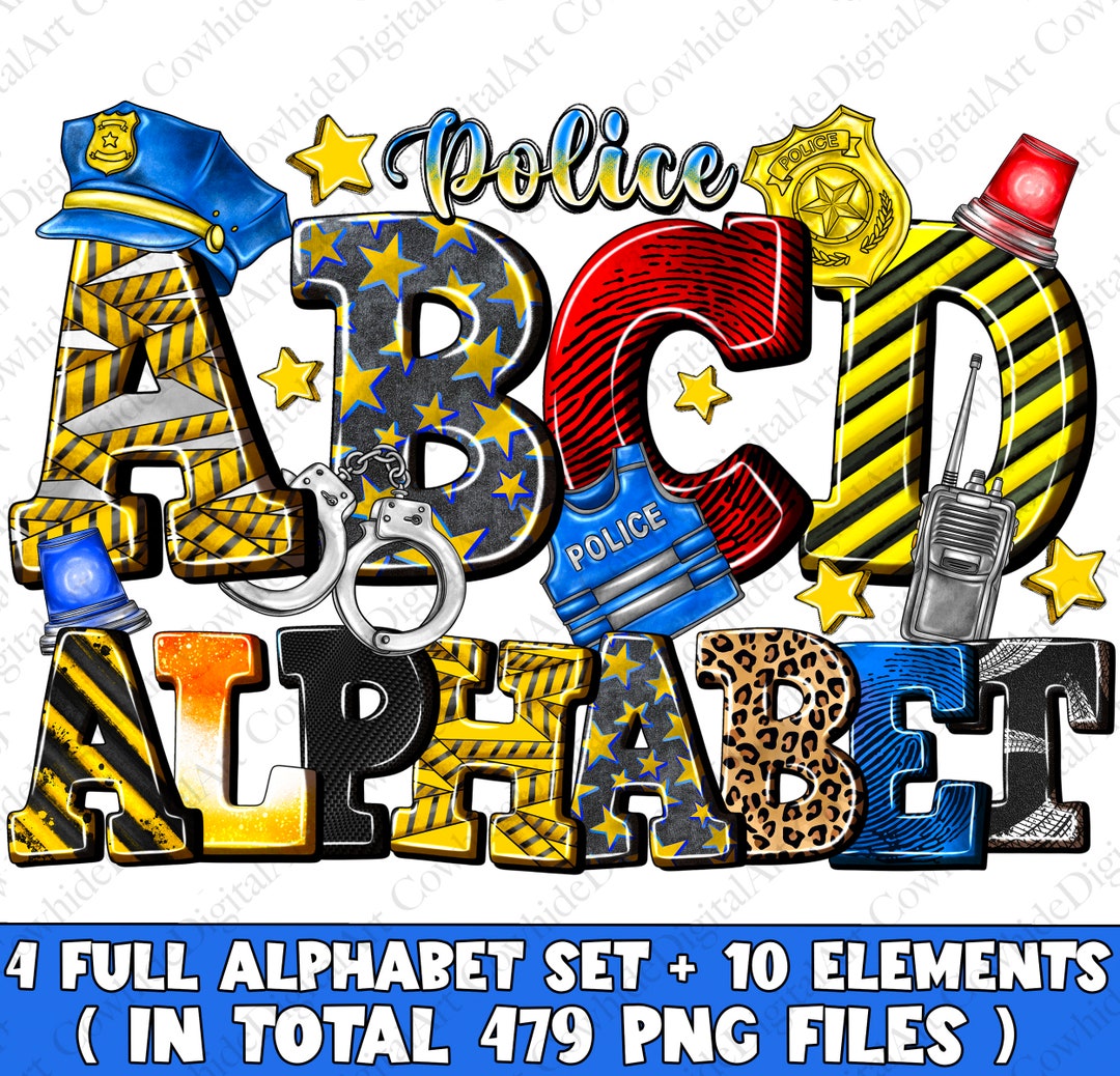 Police Alphabet Png Files Bundle, Police Doodle Letters Png, Glitter ...
