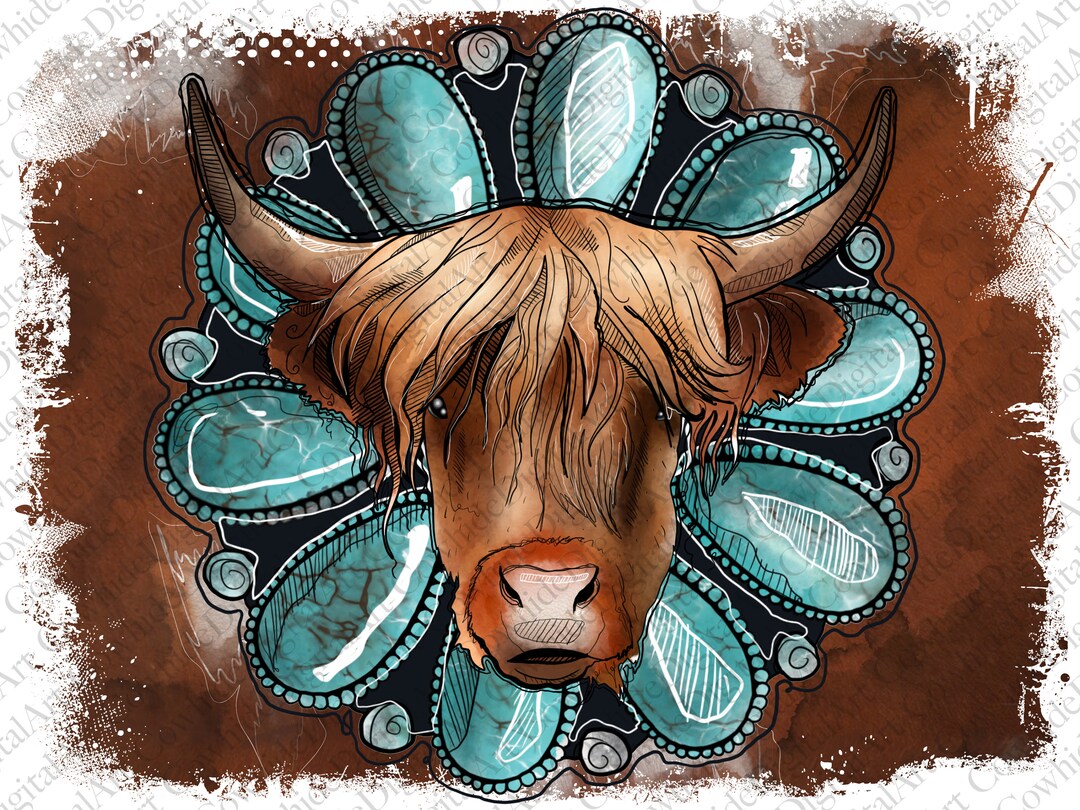Turquoise Highland Cow PNG: Western Sublimation Design (digital ...