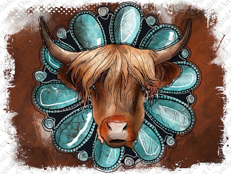 Turquoise With Highland Cow Cowhide Highland Cow Png - Etsy