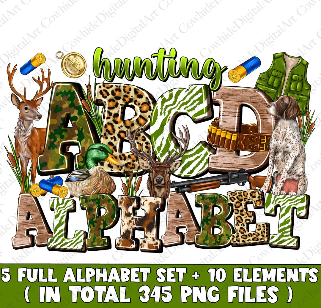 Hunting Doodle Alphabet Bundle PNG , Camo PNG Letters, Numbers ...