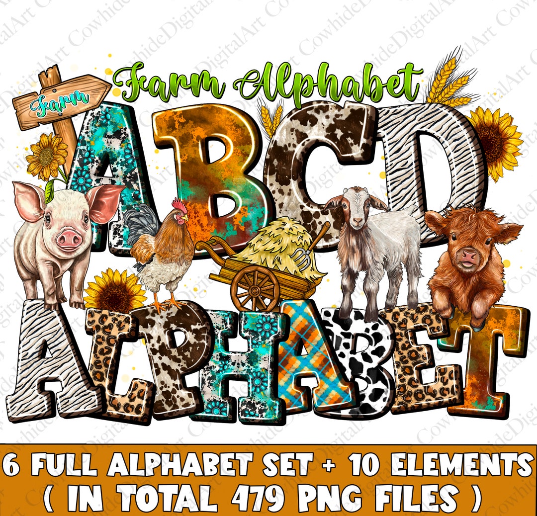 Farm Doodle Alphabet Bundle PNG , Farm PNG Letters, Numbers ...