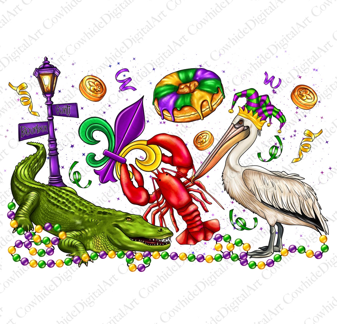Mardi Gras Alligator Pelican Crawfish Sublimation Design Download ...