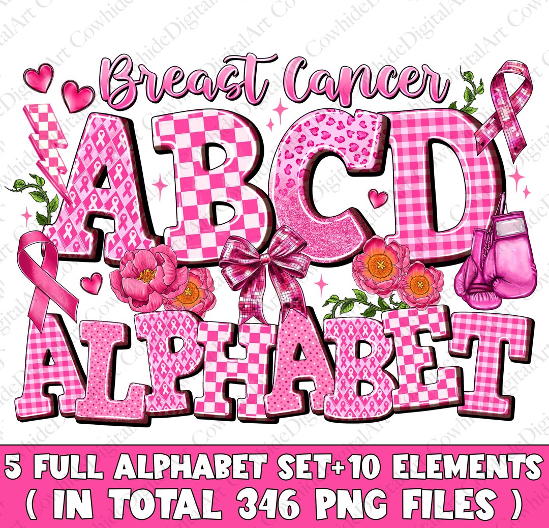 Breast Cancer Alphabet Png Files Bundle, Cancer Doodle Letters Png ...