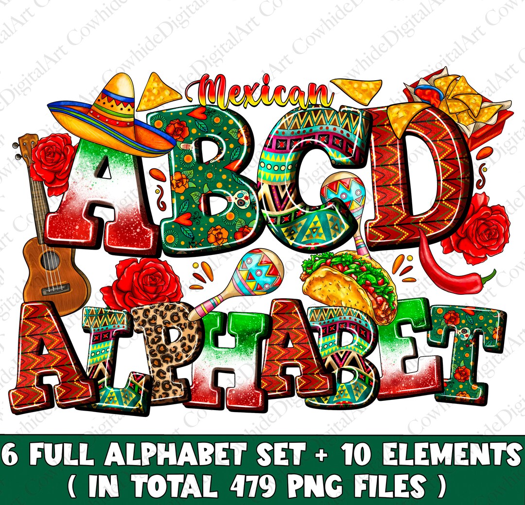 Mexican Doodle Alphabet Bundle PNG , Mexican PNG Letters, Numbers ...