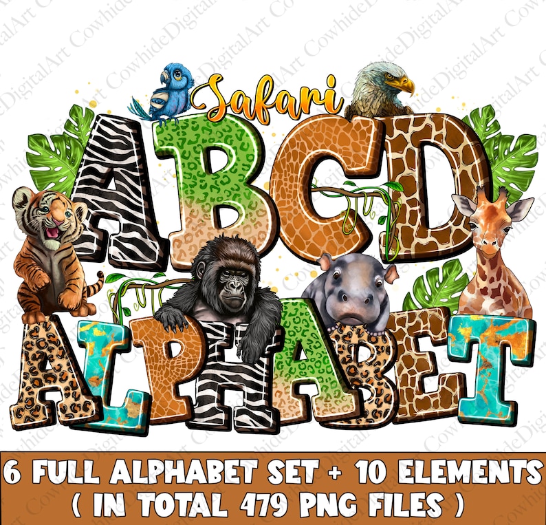 Safari Zoo Doodle Alphabet Bundle PNG , Safari Zoo PNG Letters, Numbers ...