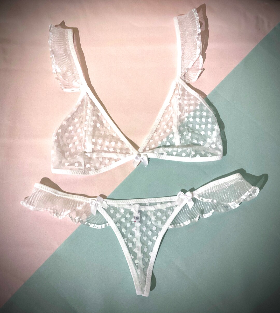 Women's Bra + Thong Set With White Fishnet Pattern, Heart Tiles, Clover ...