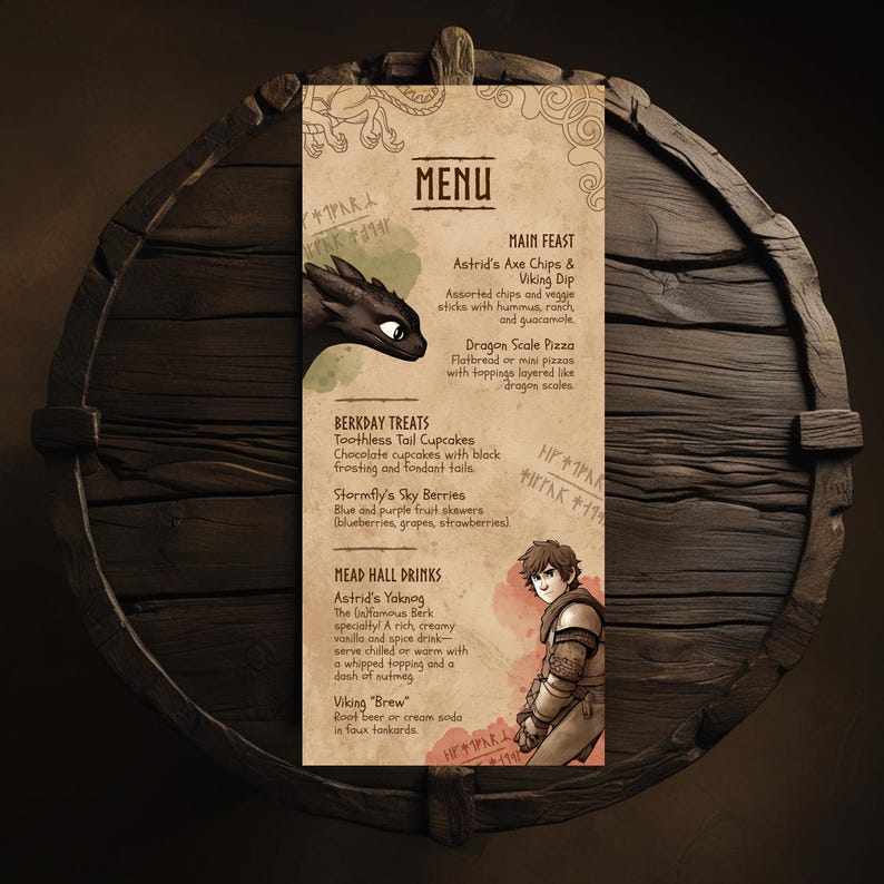 How to Train Your Dragon Party Menu: Hiccup & Toothless Canva Template ...
