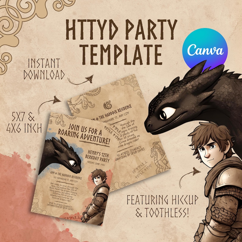 How to Train Your Dragon Invitation: Hiccup & Toothless, Editable Canva ...