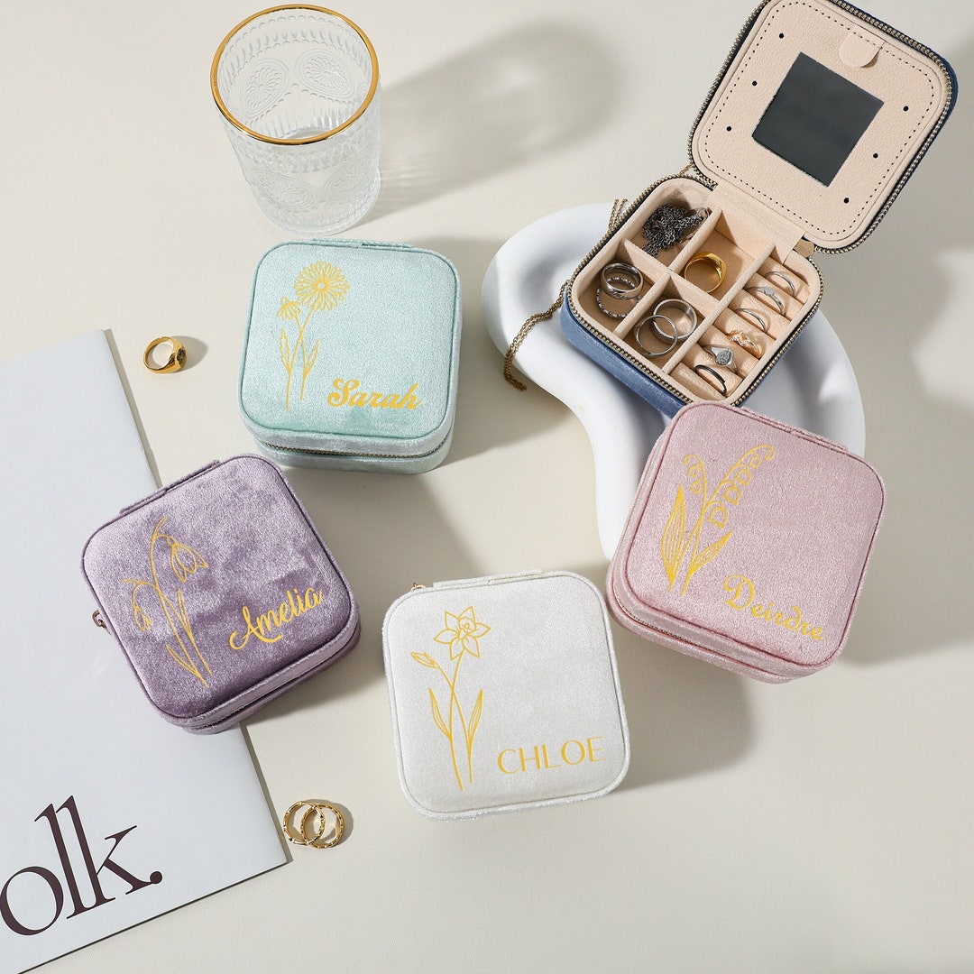 Custom Birth Flower Jewellery Box Jewelry Box, Personalized Name Velvet ...