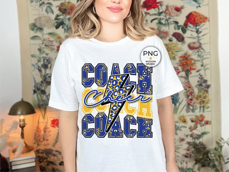Cheer Coach PNG Image, Lightning Bolt Cheer Leopard Blue Gold Design ...