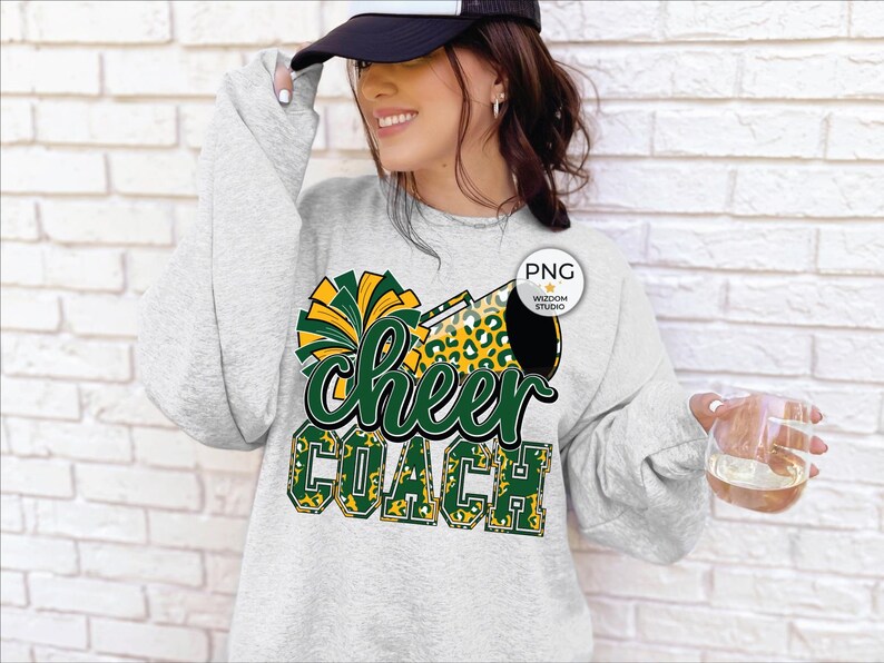 Cheer Coach PNG Image, Green Gold Leopard Cheer Poms & Megaphone Design ...